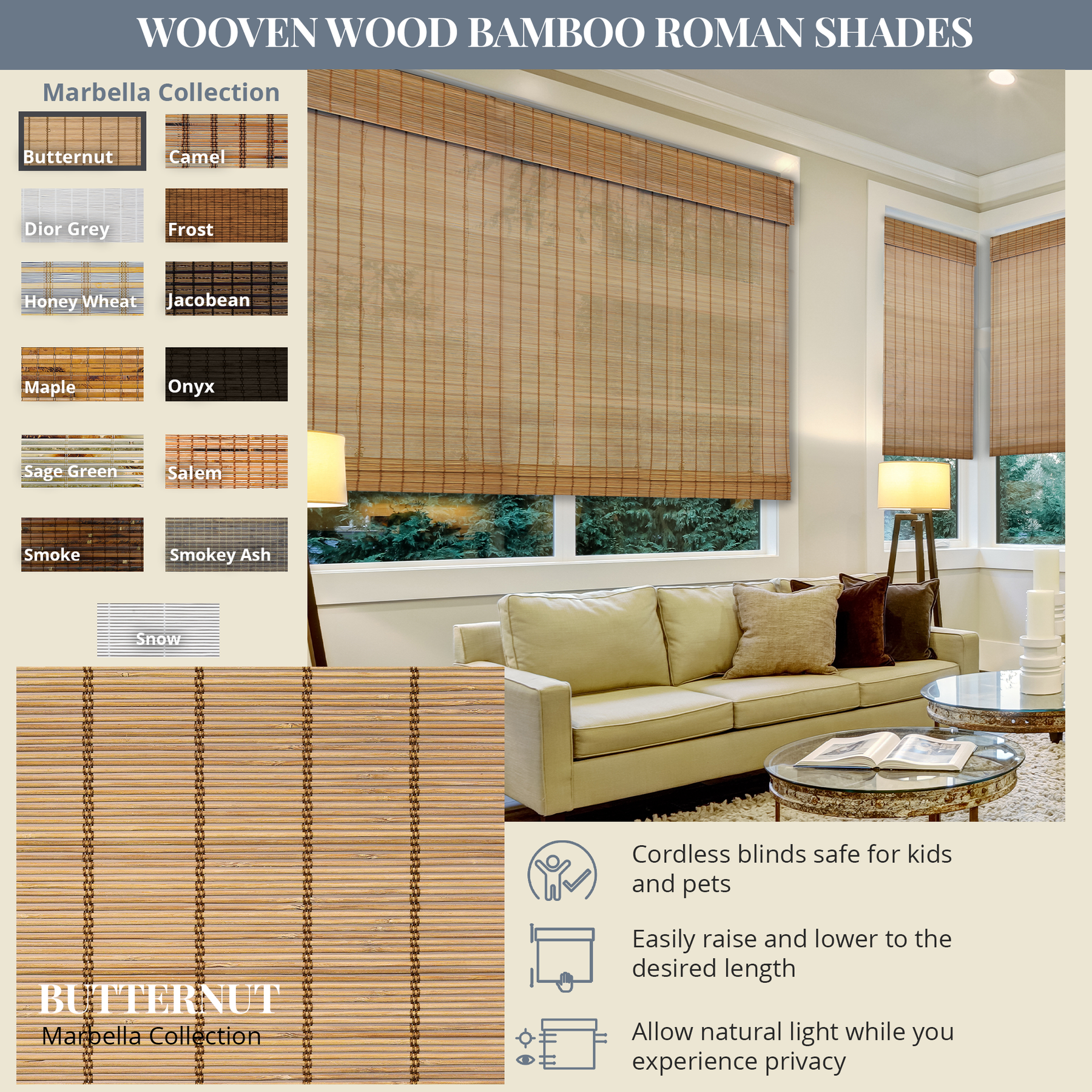 Custom Bamboo Shades – Light Filtering, Butternut – Chicology