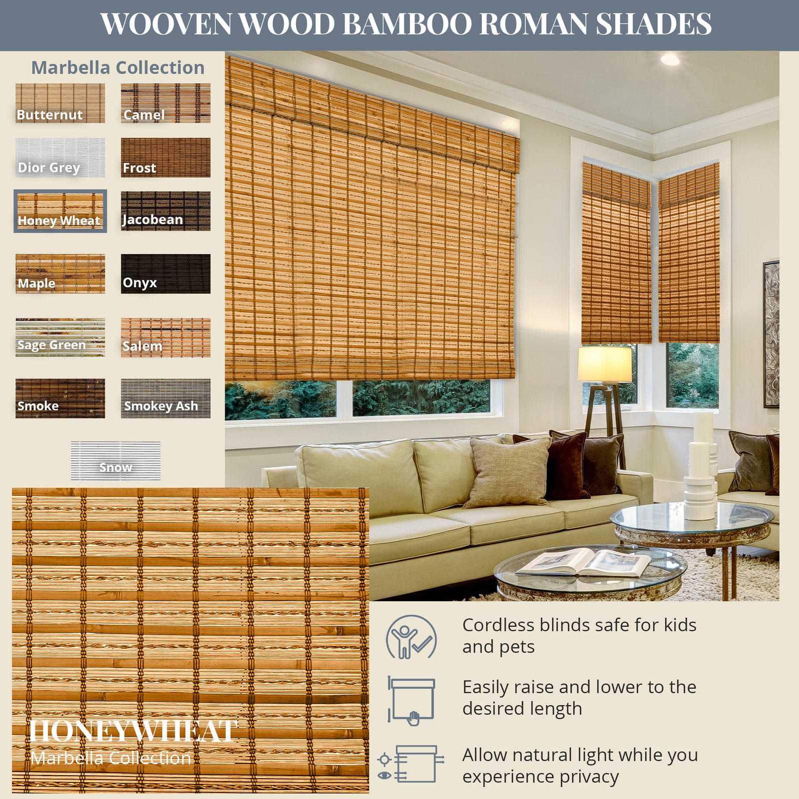 Custom Bamboo Shades – Light Filtering, Honey Wheat – Chicology